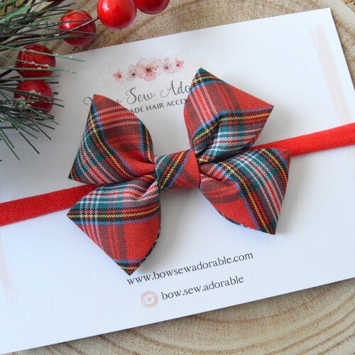 Red Green Plaid Baby Bow Headband Holiday Christmas Hair Bow - Etsy