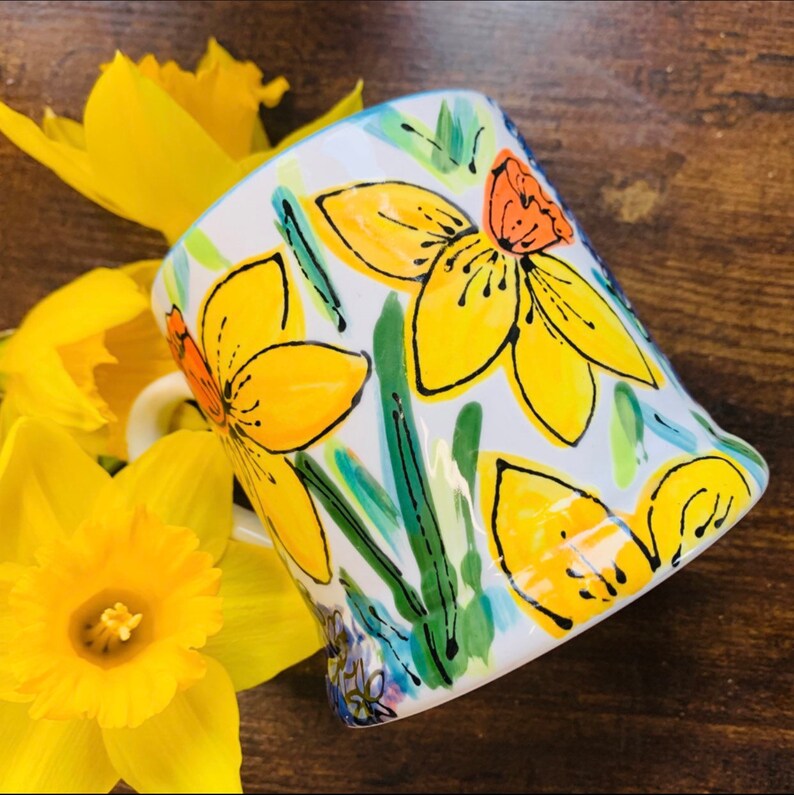 Daffodil and Hyacinth Mug, Hand Painted, Ceramic, Country Ware - Etsy