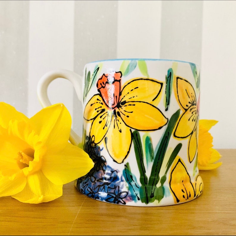 Daffodil and Hyacinth Mug, Hand Painted, Ceramic, Country Ware - Etsy