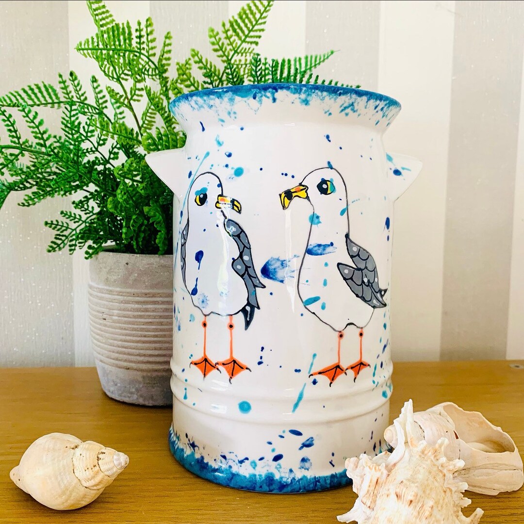 Seagull, Milk Churn, Flower Vase, Utensil Holder, Hand Painted, Ceramic ...
