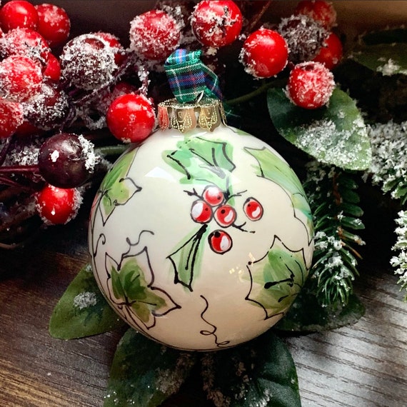 Holly Small Bauble Hand Painted Ceramic Hanging Ornament Christmas Tree Decoration Etsy UK