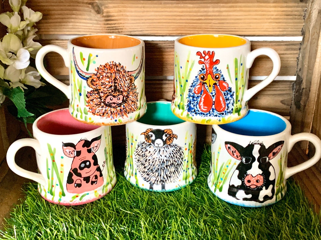 Farm Yard Animal Mugs, Hand Painted, Cow, Chicken, Pig, Highland Cow ...