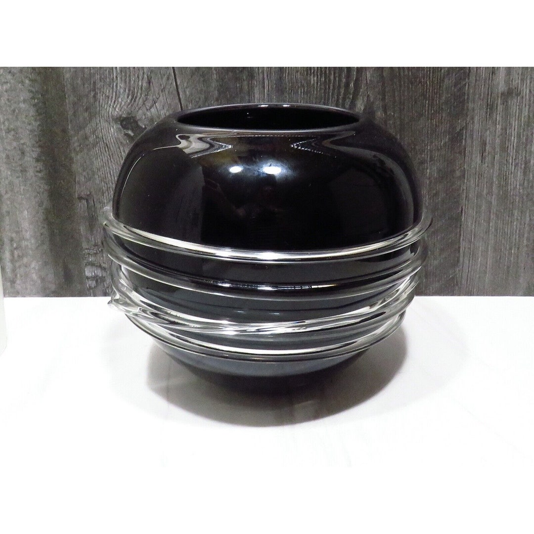 Onyx Black Glass Orb Round Ball Vase Applied Clear Rings Modernist ...