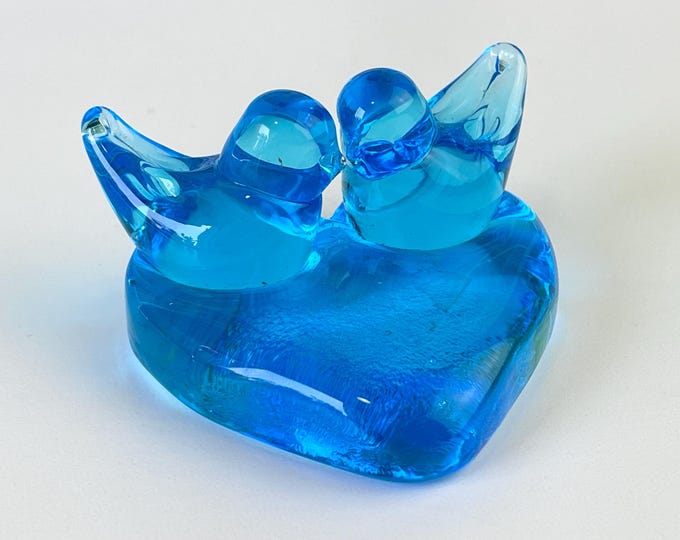 Vintage Double Blue Bird of Happiness on Heart Blue Glass Figurine ...