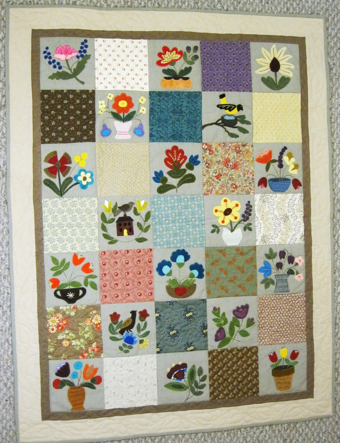 Handmade Quilted Wool Applique Wall Hanging Quilt. Flowers and Birds ...