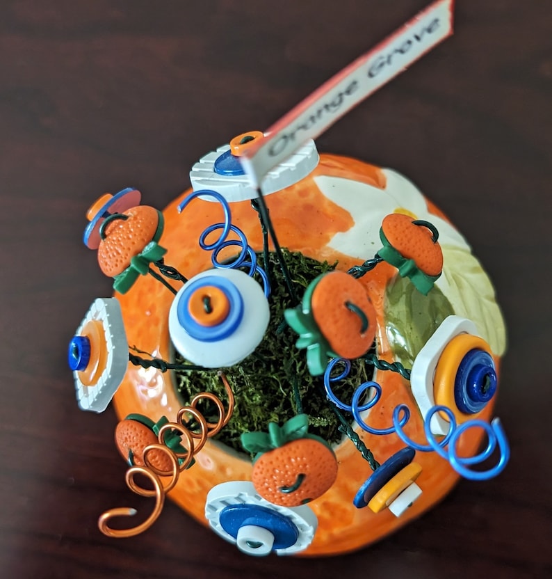 Big Orange Vase Button Bouquet With Orange Buttons, White and Blue ...