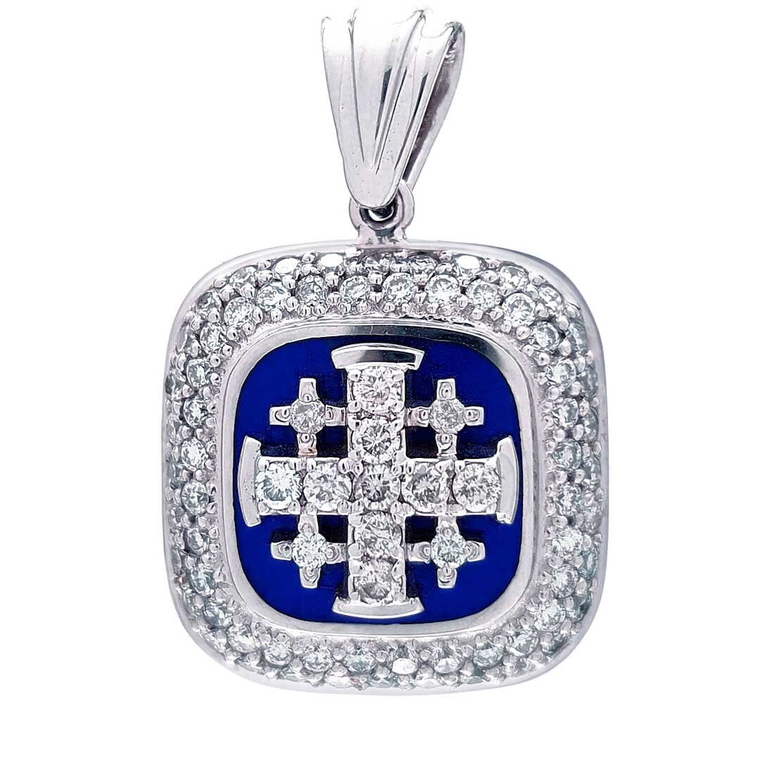 Jerusalem Cross Pendant White Gold With 77 Diamonds and Blue Enamel - Etsy