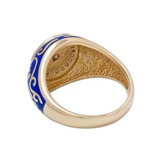 14K Gold Halo Christian Signet Ring With 35 Diamonds and Blue Enamel - Etsy