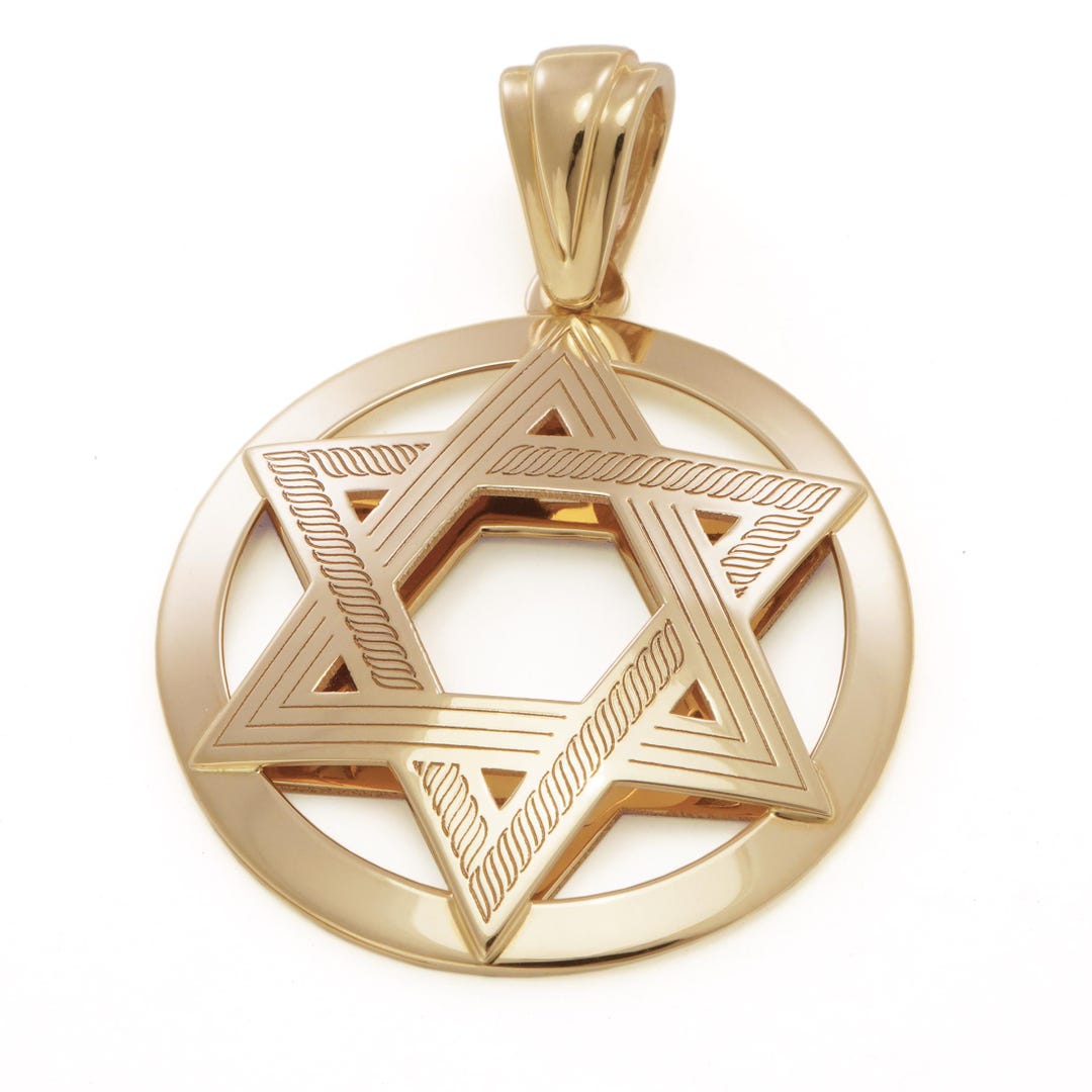 Interlocking Star of David Round Pendant With Patterns 14K Gold Jewish ...