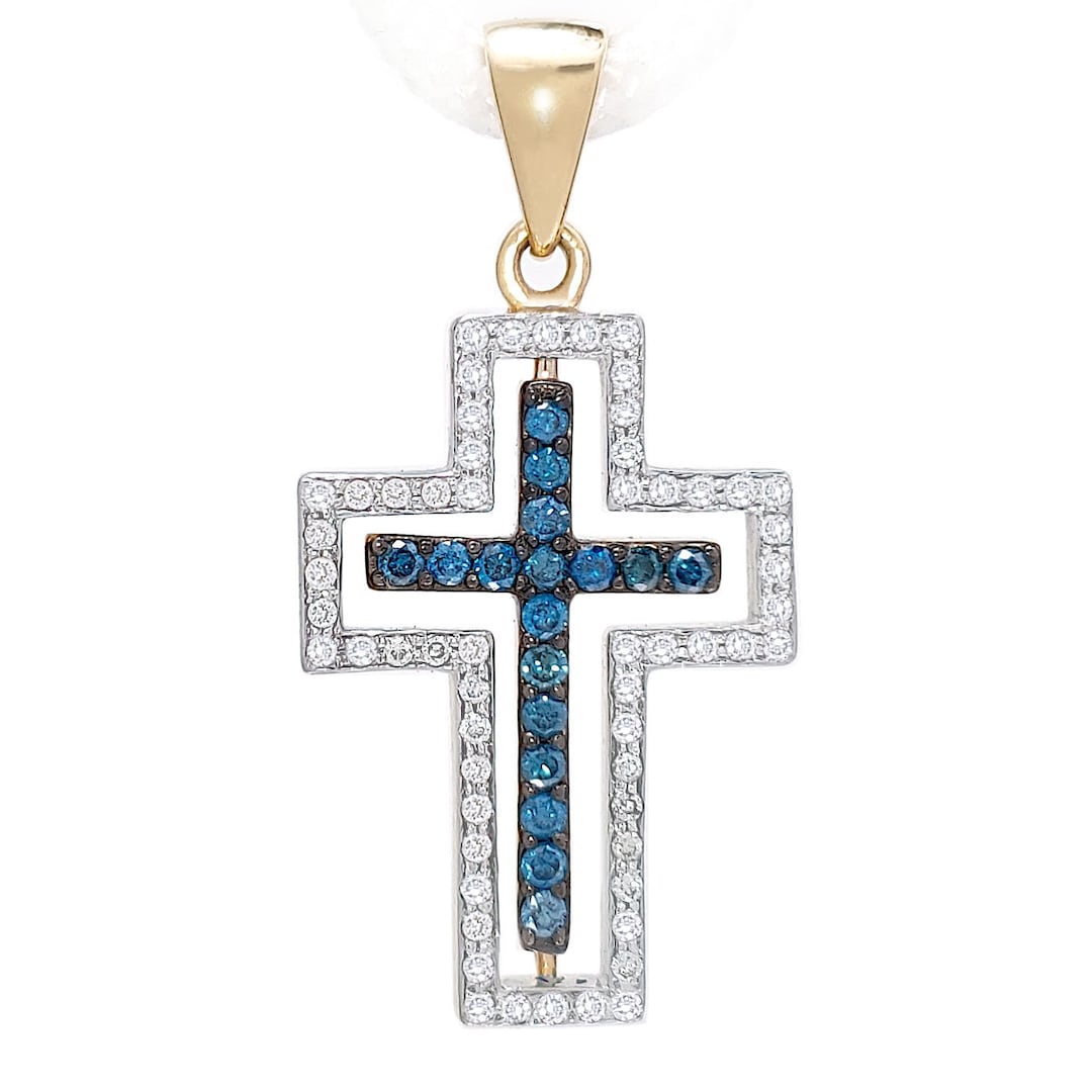 14K Gold Rotating Latin Cross Pendant With Blue and White Diamonds ...