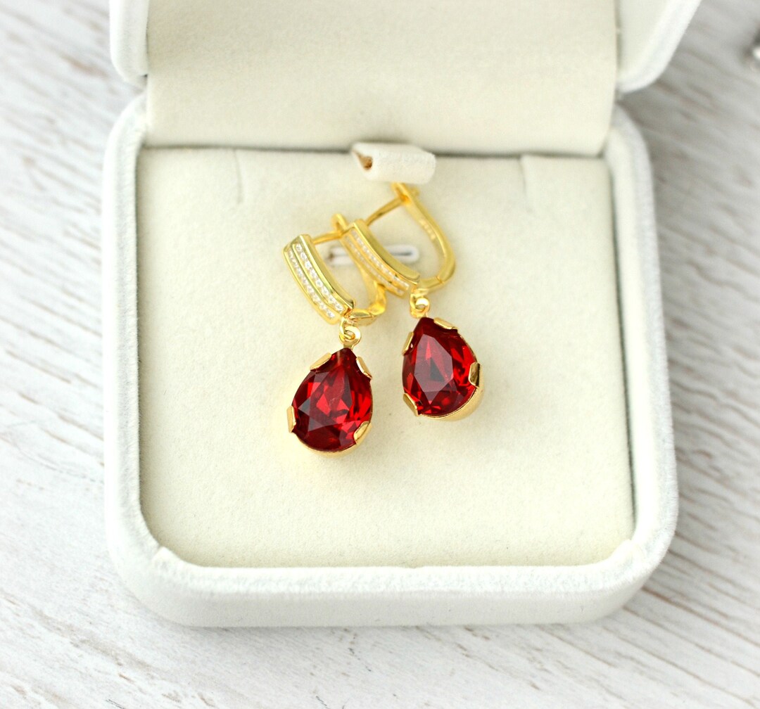 Red Swarovski Crystal Earrings Gold Plated Wedding Earrings Bridal ...