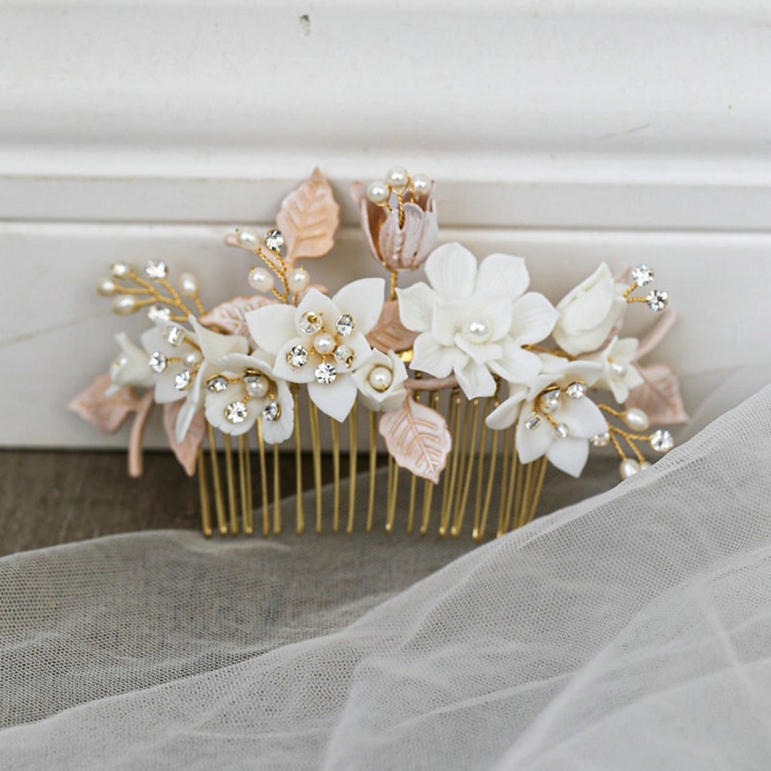 Bridal Hair Comb Gold, Floral Wedding Hair Accessories, Crystal ...