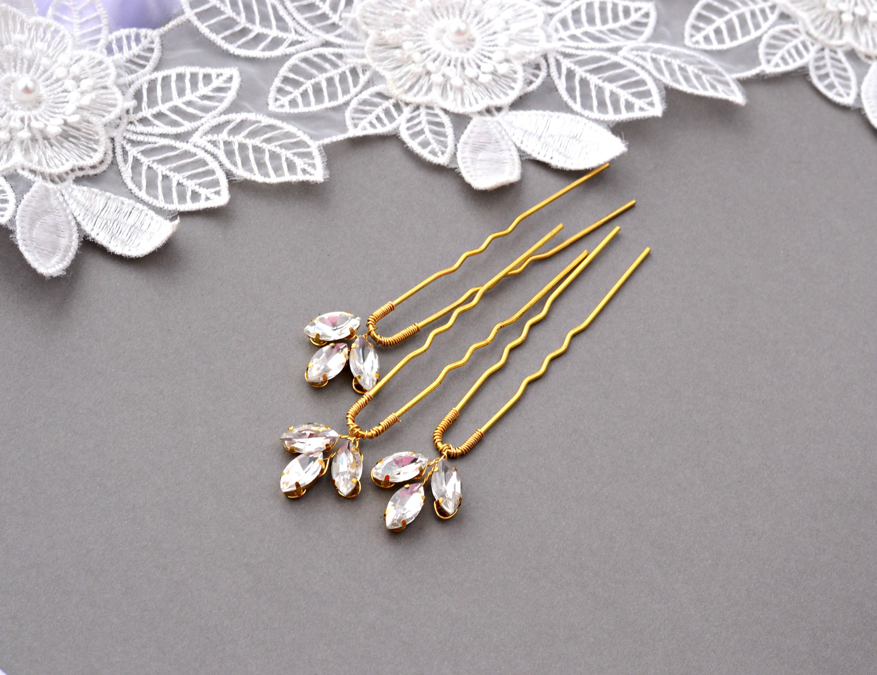 Bridal hair pins set of 3 Gold hair pins wedding hair pins | Etsy