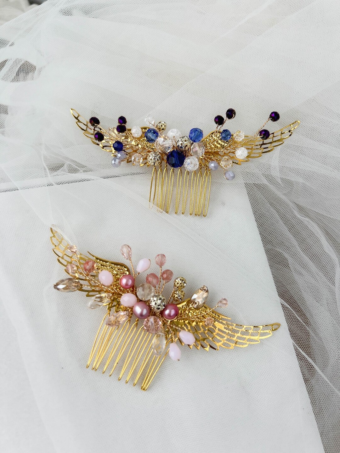 Handmade Golden Snitch Bridal Hair Comb, Pink & Blue Crystals - Etsy
