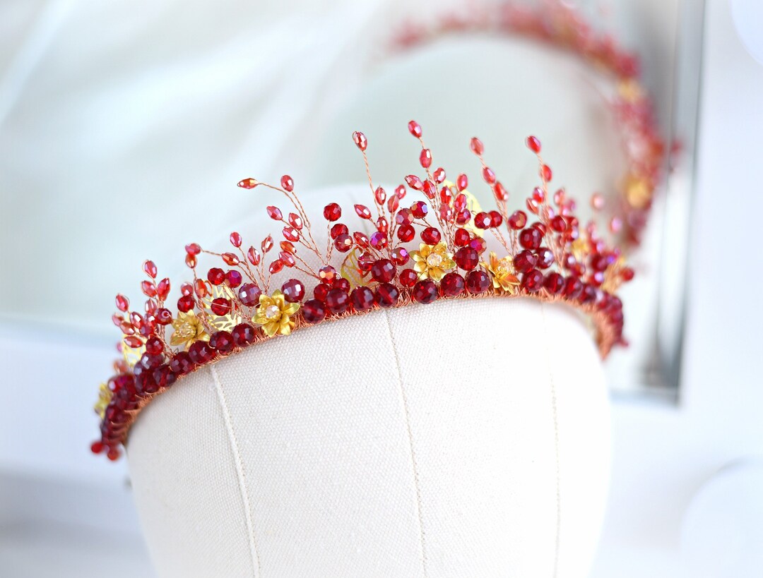 Red Wedding Crown, Crystal Tiara, Red Hair Accessory, Bridal Crown Red ...
