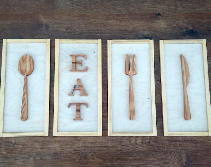 16'' Set of Four Wall Hanging Signs, Fork Spoon Knife and EAT Wooden ...