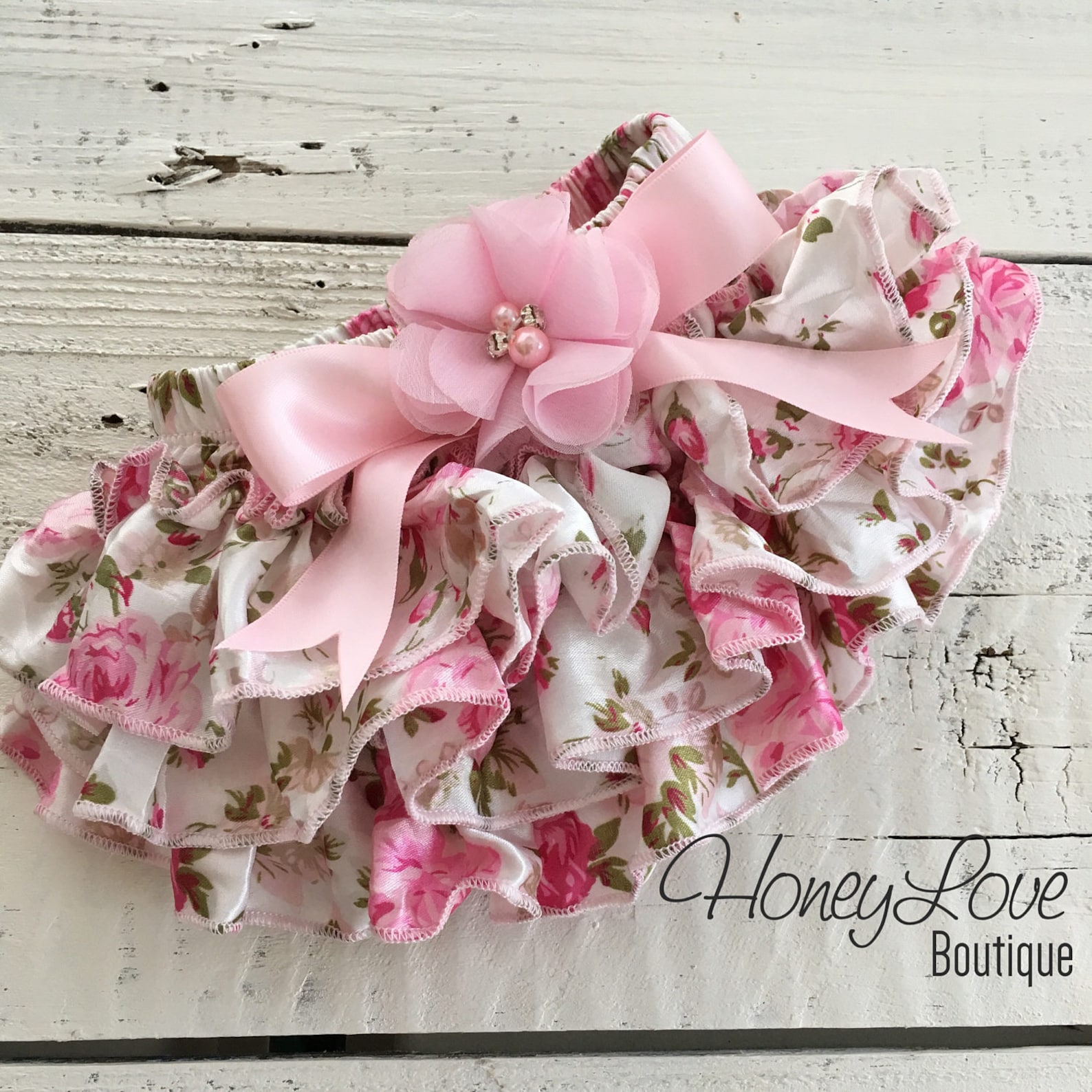 Pink Floral Print Satin Ruffle Bottom Bloomers, Embellished Diaper ...
