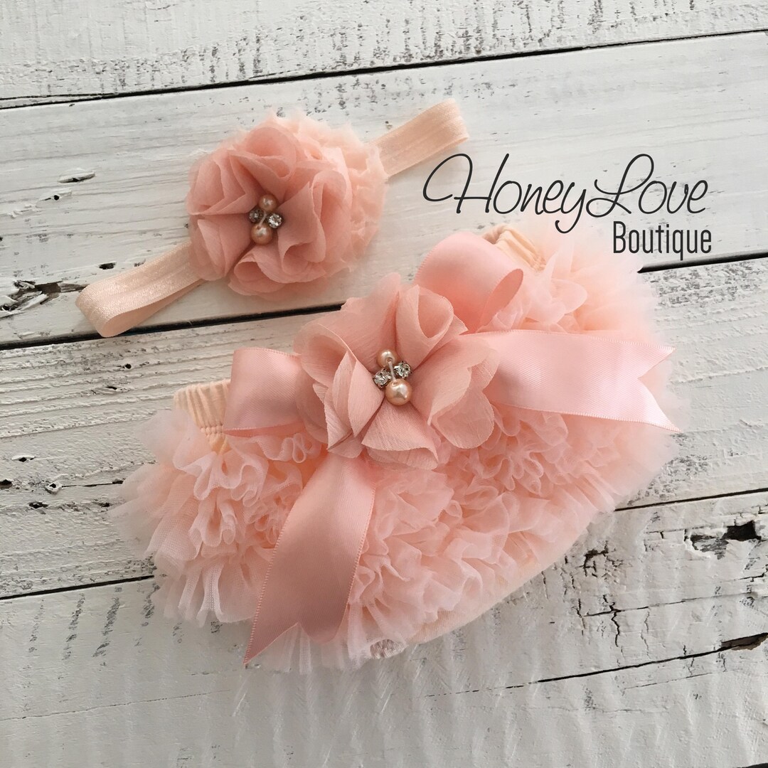 Peach Bloomers and Matching Headband, Baby Girl Diaper Cover, Ruffle ...