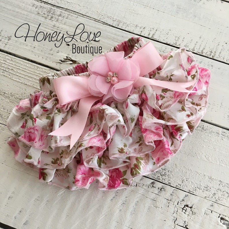Pink Floral Print Satin Ruffle Bottom Bloomers, Embellished Diaper ...