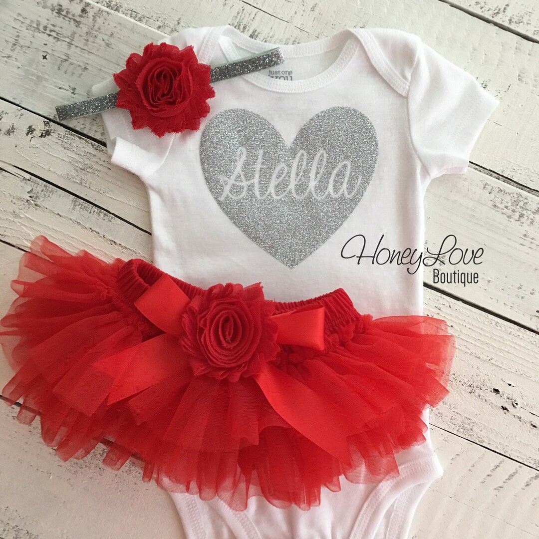 PERSONALIZED Name Outfit, SILVER GOLD Glitter Heart, Red Tutu Bloomers ...