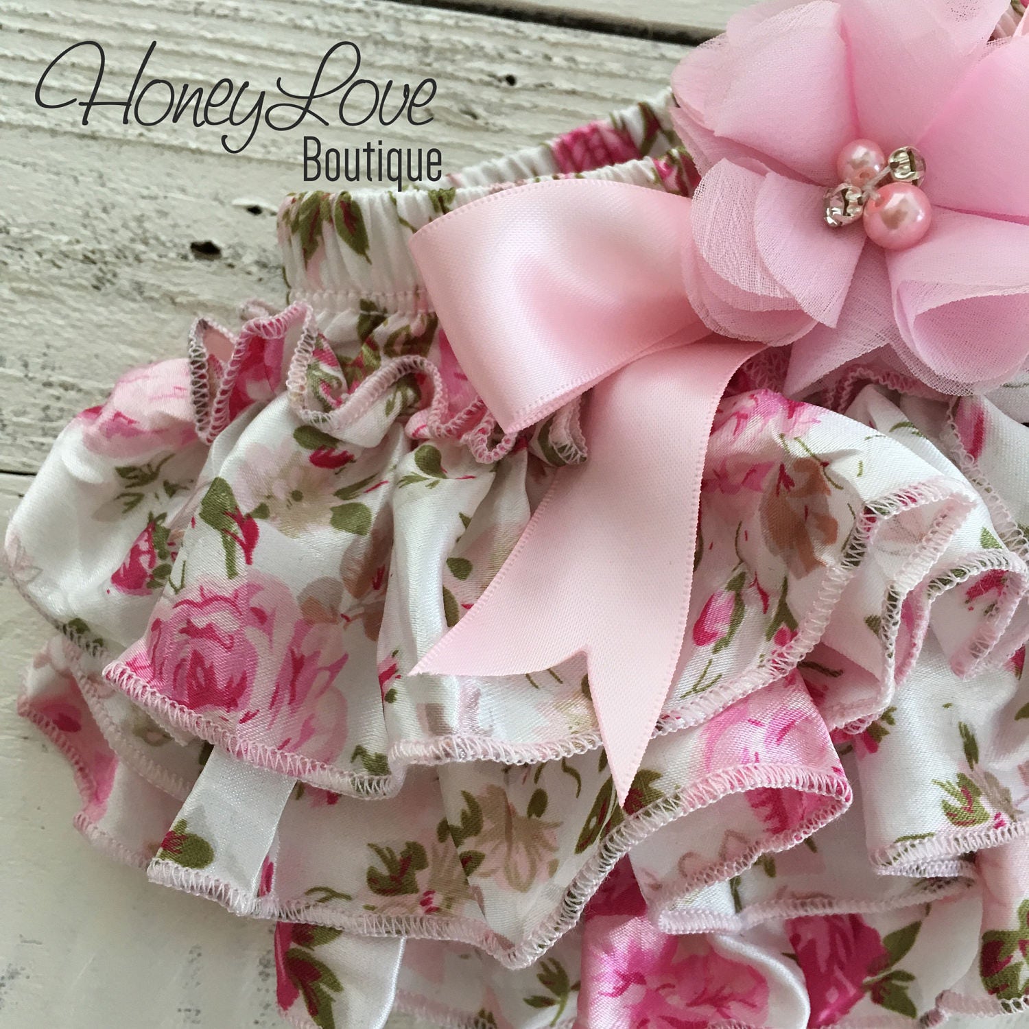 Pink Floral Print Satin Ruffle Bottom Bloomers, Embellished Diaper ...
