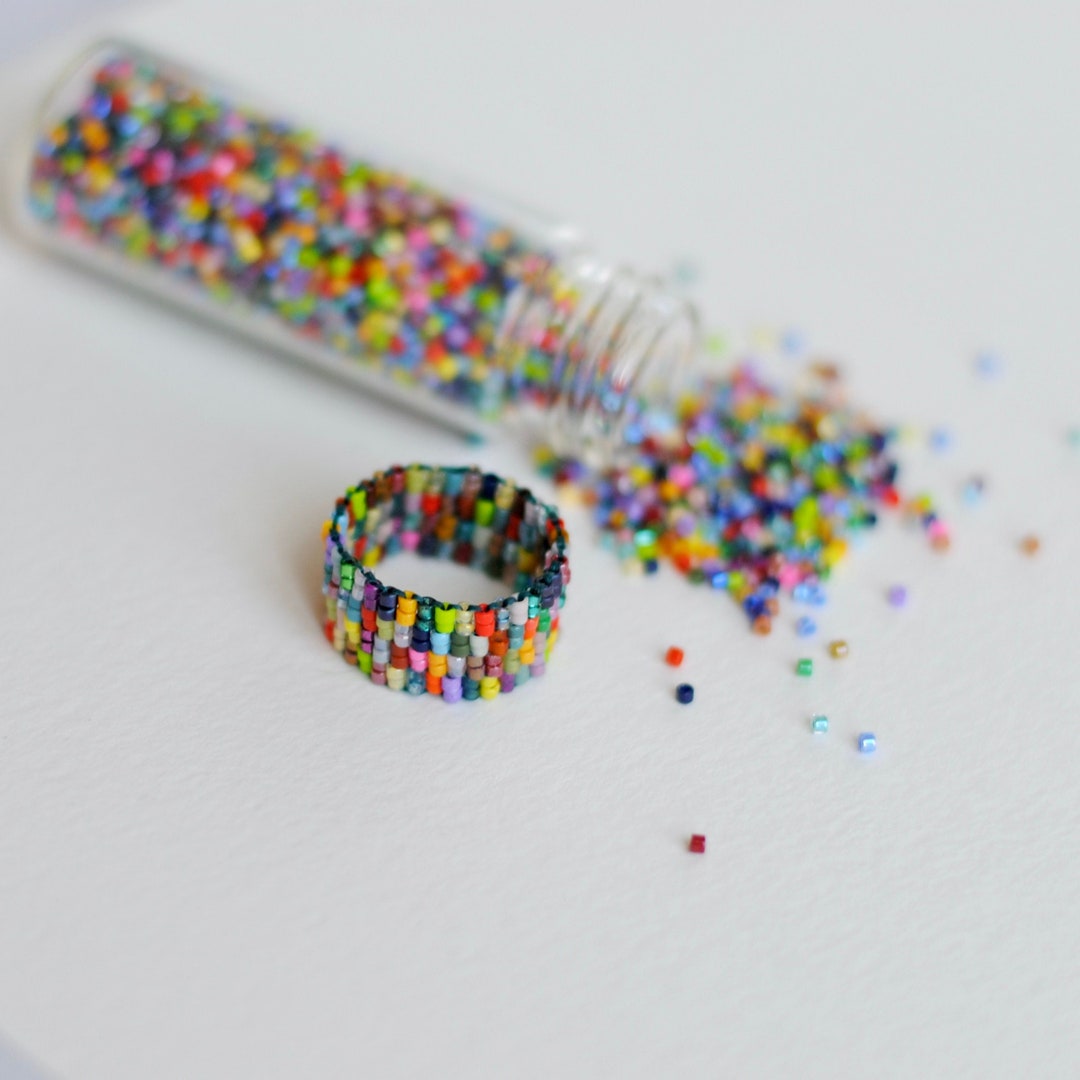 Wide Beaded Colorblock Ring in Rainbow Double Weave // Colorful ...