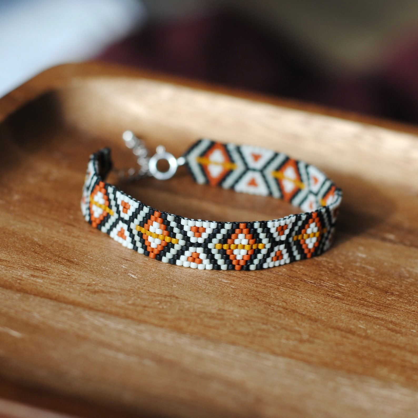 Handwoven Seed Beaded Bracelet in Black, White, and Brick With Sterling ...