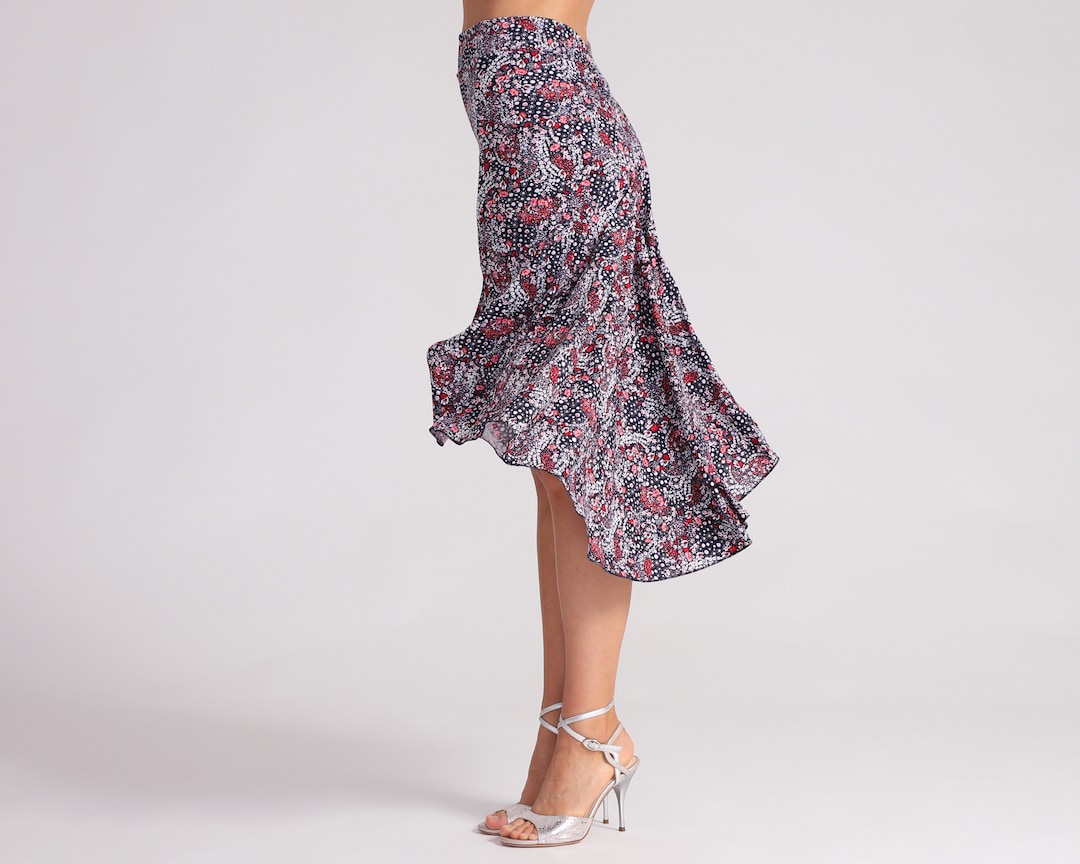 PAOLA Red Florals Tango Skirt With Slit, Dance Skirt, Ballroom Tango ...