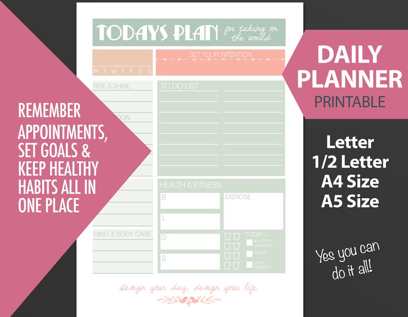 Todays Plan Printable Planner Design Your Day Design Your Life Etsy