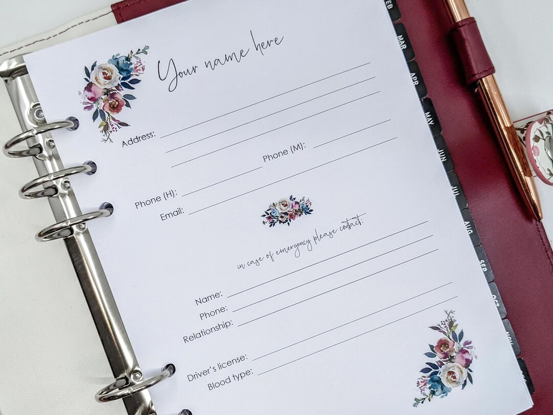 Printed A5 Size / Large Personal Information Planner Insert for Large ...