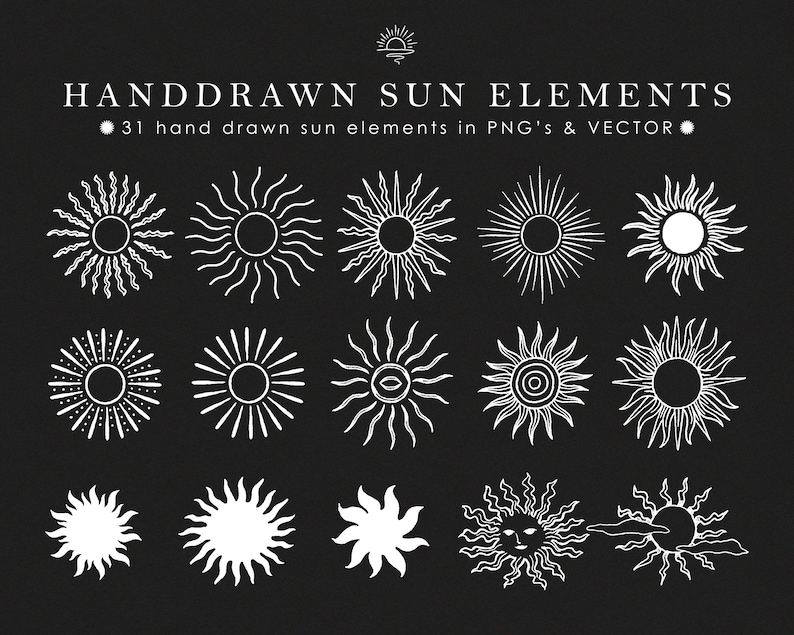 White Handdrawn Sun Elements - Logo Design- Tattoo - Vector ...