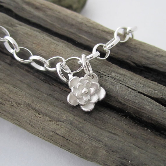 Handmade Silver Flower Charm on Sterling Silver Bracelet a | Etsy
