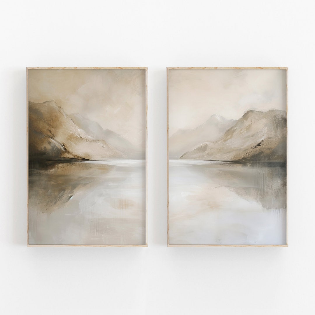 Mountain Painting Art Print Set: Beige Abstract Landscape (digital ...