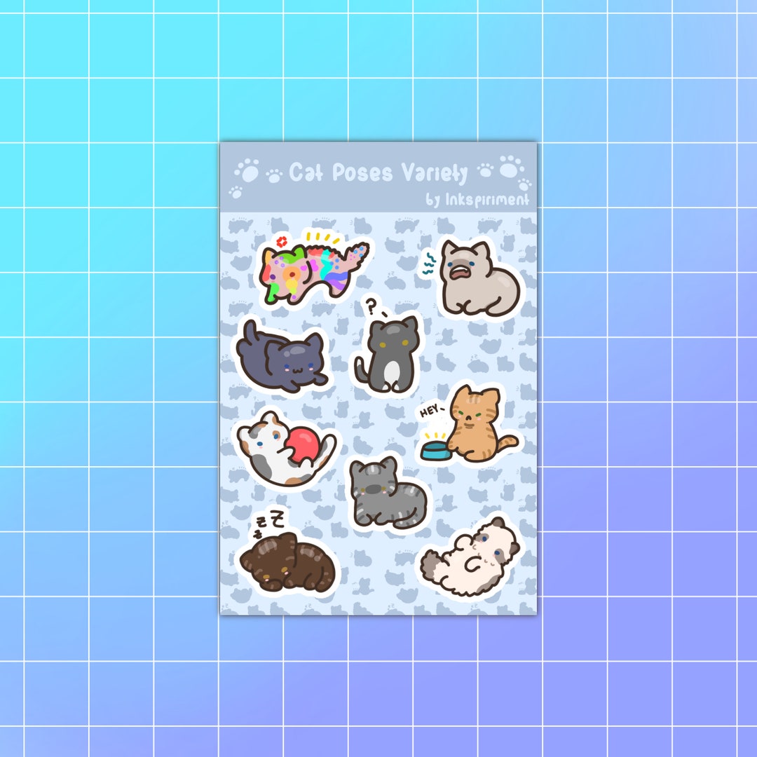 Cat Poses Variety Sticker Sheet Cute Cat Sticker Rainbow Cat Sticker ...