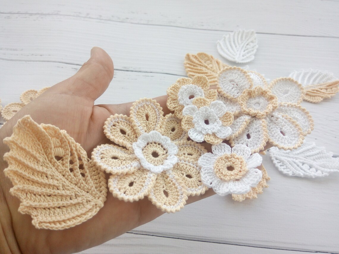 Crochet Flowers Motif Set of 25 Motifs Crocheted Flowers and Leaves ...