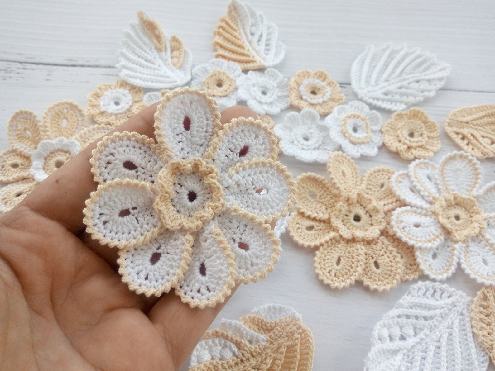 Crochet Flowers Motif - Set of 25 Motifs Crocheted - Flowers and Leaves ...