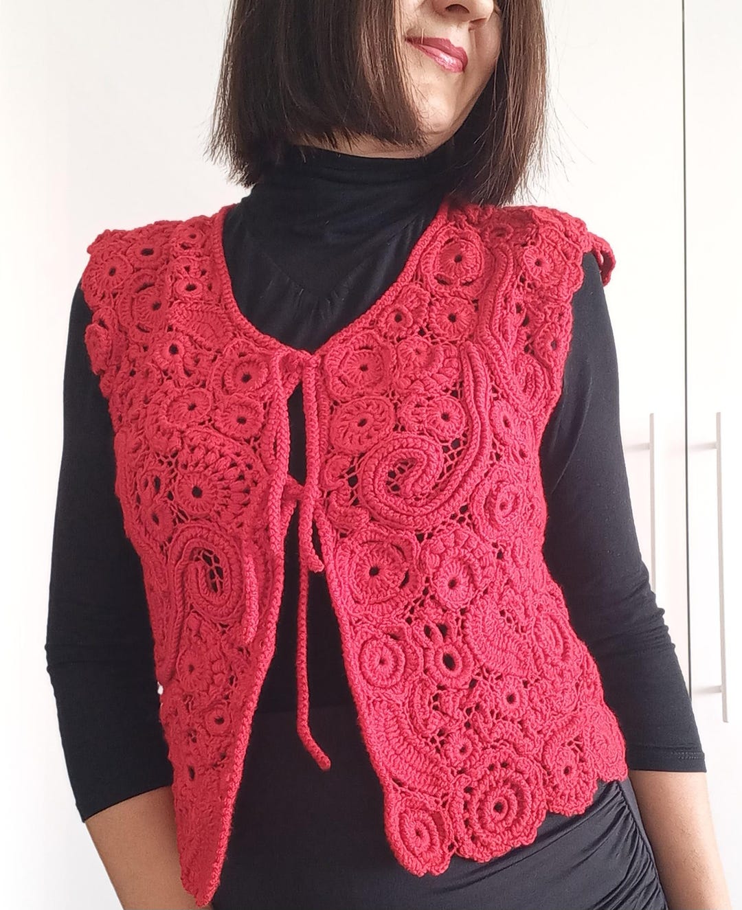 Crochet Vest for Women Burgundy Red Crochet Waistcoat Irish Crochet ...