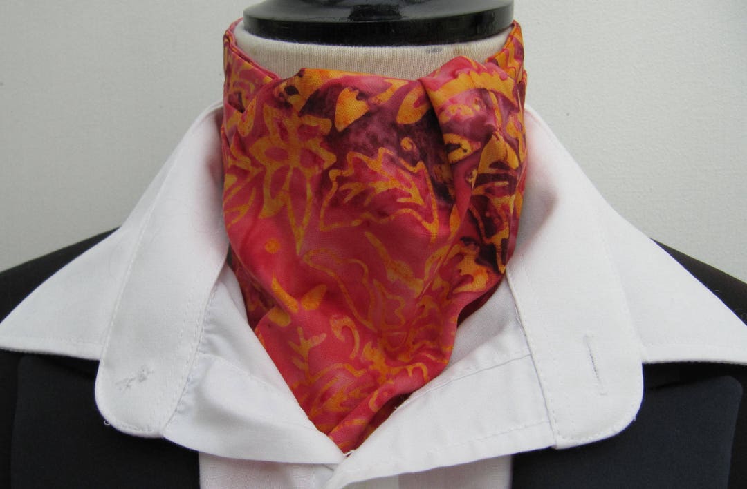 Mens Deep Pink and Purple Batik Design Cotton Ascot Cravat / Pocket ...