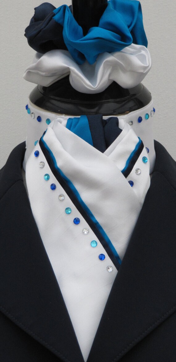 Ready Tie White Navy and Turquoise Faux Silk Riding Stock Tie | Etsy
