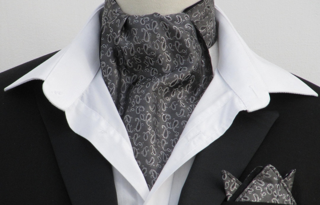 Mens Grey Satin With Small Silver Paisleys Ascot Cravat + Kerchief - Etsy