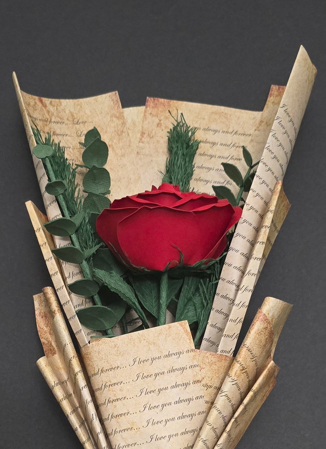 Paper Rose, Bouquet, Vintage-style Paper, Handmade Bouquet, Single Red ...