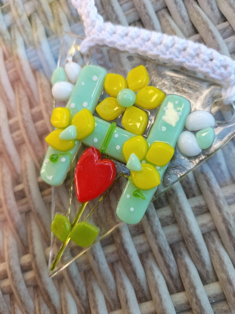 Hand Made Fused Glass Bunting Suncatcher or Wall Art HOME With Hearts ...