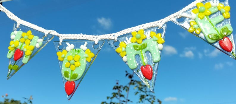 Hand Made Fused Glass Bunting Suncatcher or Wall Art HOME With Hearts ...