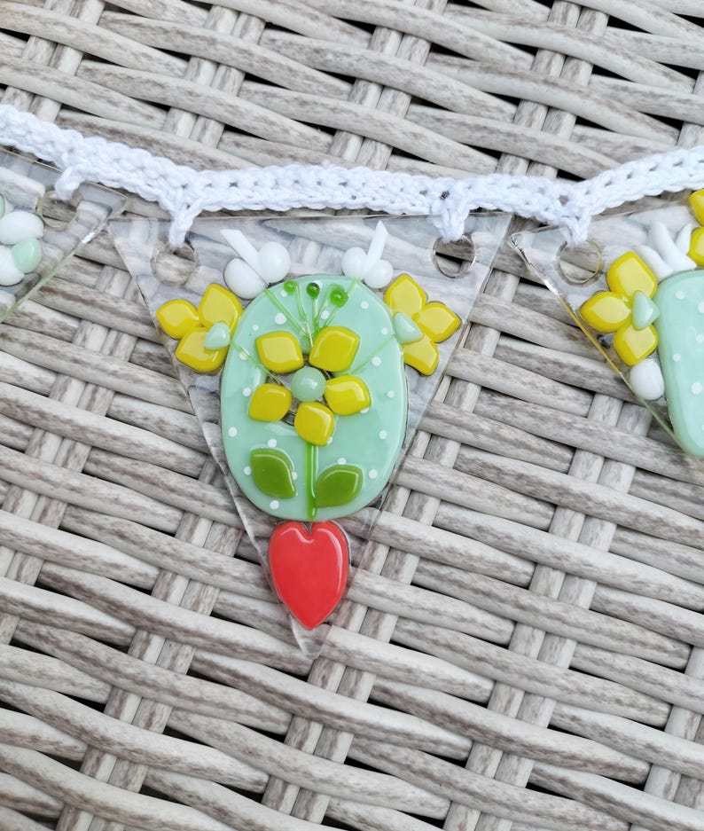 Hand Made Fused Glass Bunting Suncatcher or Wall Art HOME With Hearts ...