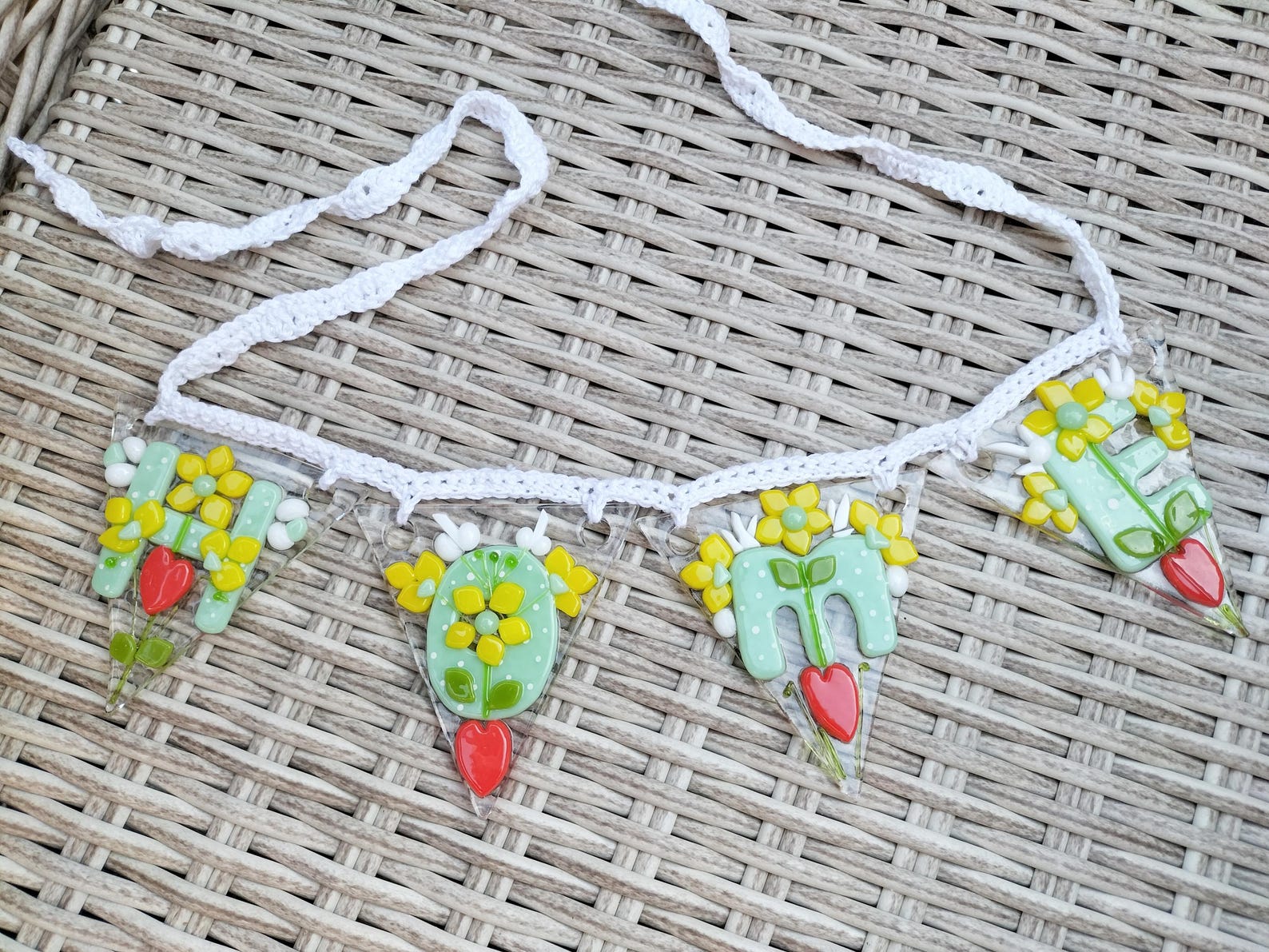 Hand Made Fused Glass Bunting Suncatcher or Wall Art HOME With Hearts ...