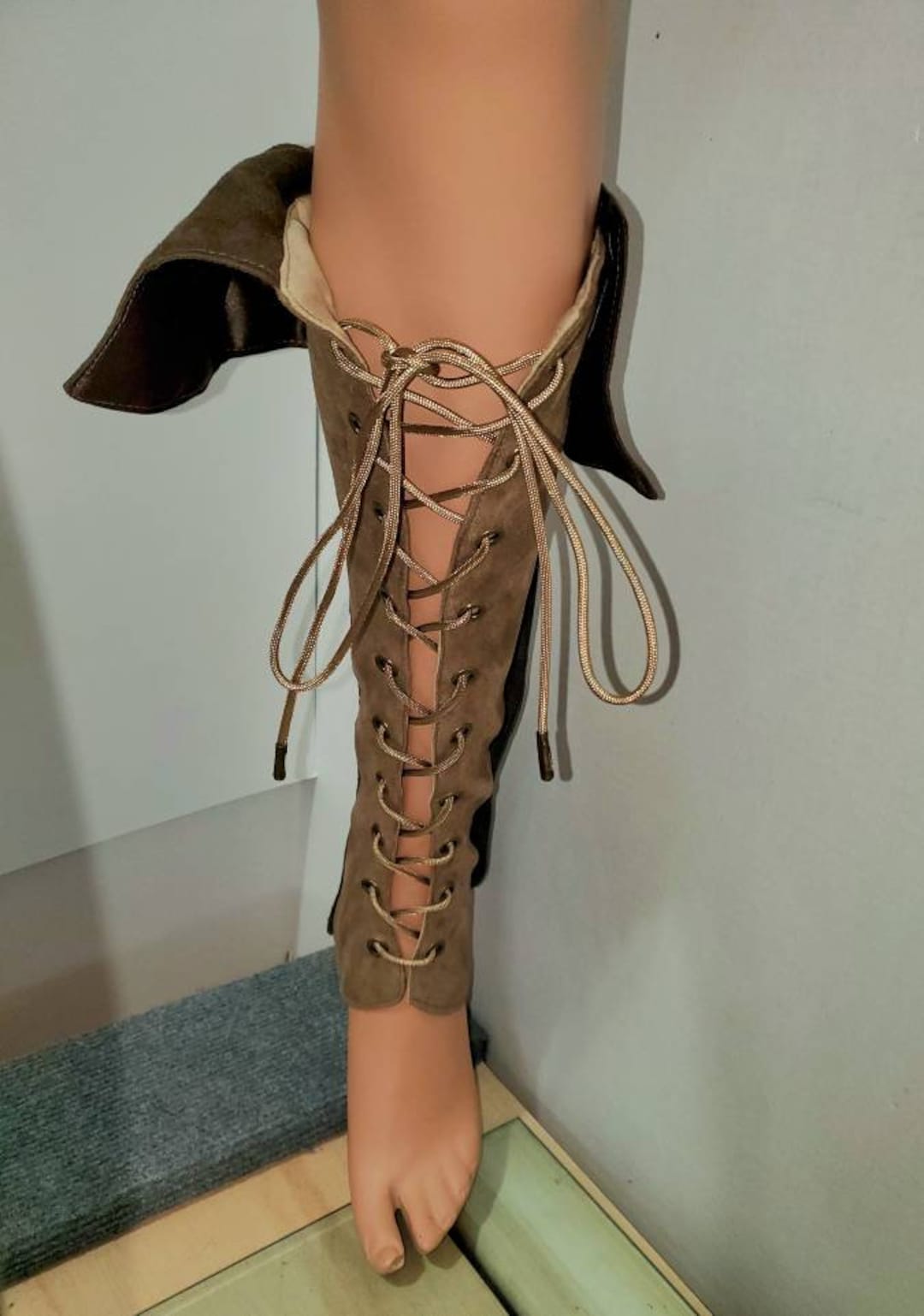 Beige & Brown #2 Micro Suede and Pleather Laced up Spats / Boot Covers ...