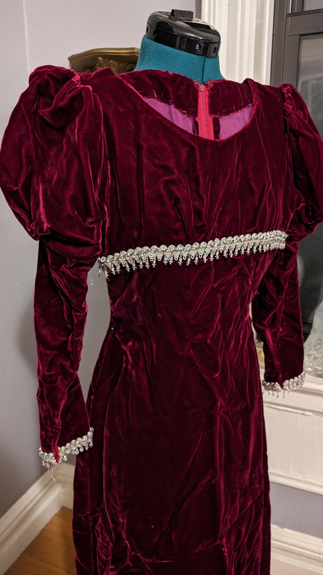 Vintage Red Velvet Regency Dress With Hooded Cape & Crystal Trim, Size ...