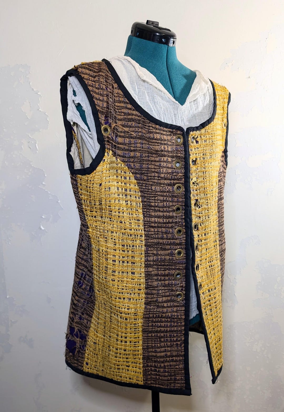 Rustic Lace-up Men's Vest, Yellow Brown Woven Homespun, XL ...