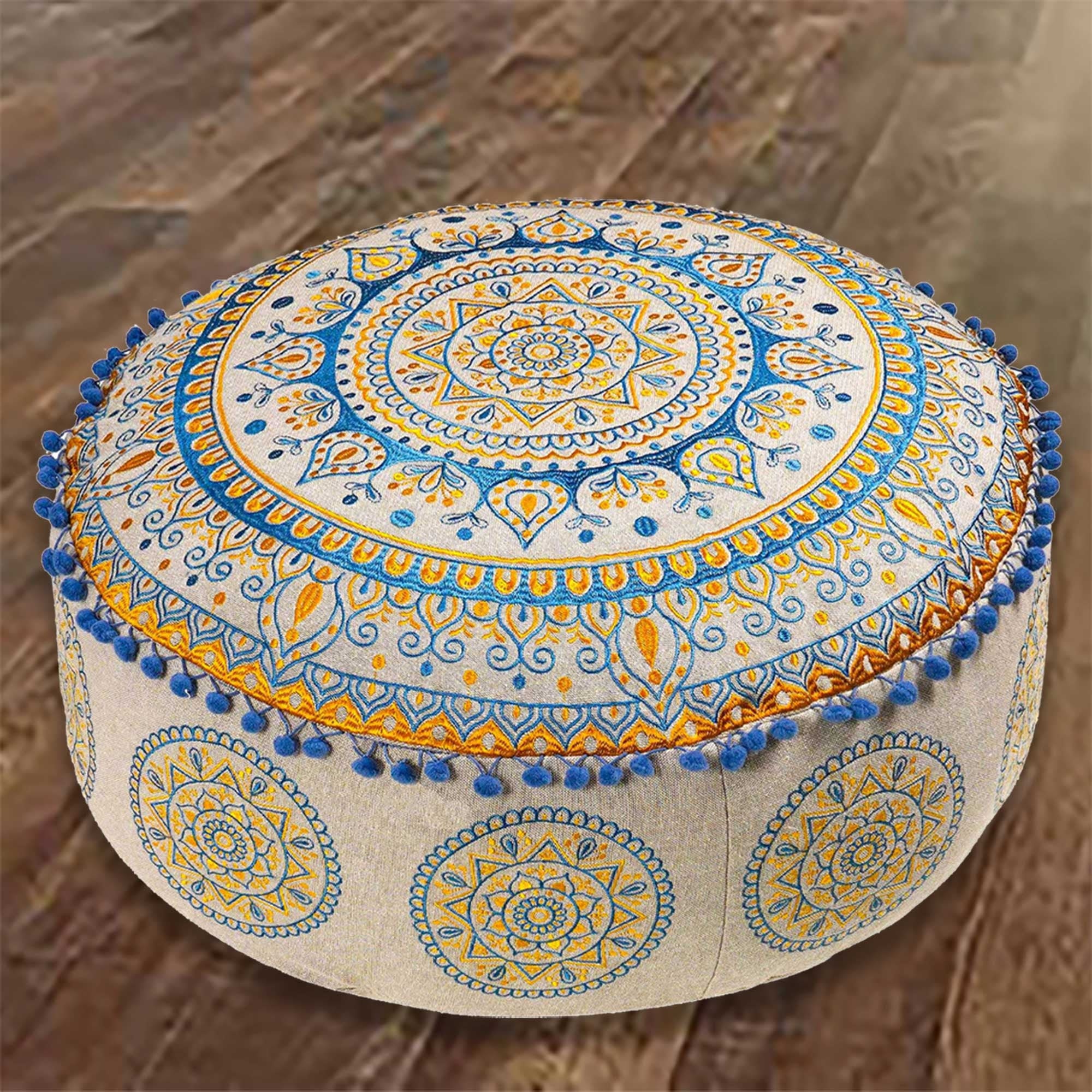Bohemian Pouf Ottoman Cover Blue and Gold Embroidery | Etsy