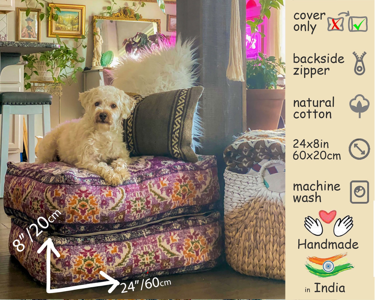 Bohemian Yoga Décor Floor Cushion Cover 24x8 Inches Square Meditation ...